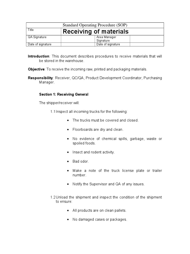 SOP RECEIVING.doc | Truck | Packaging And Labeling