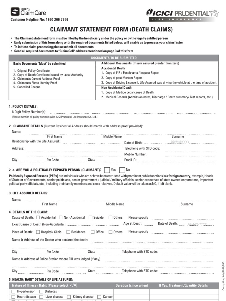 Claimant Statement Form Death Claim 2 | PDF | Cheque | Identity Document