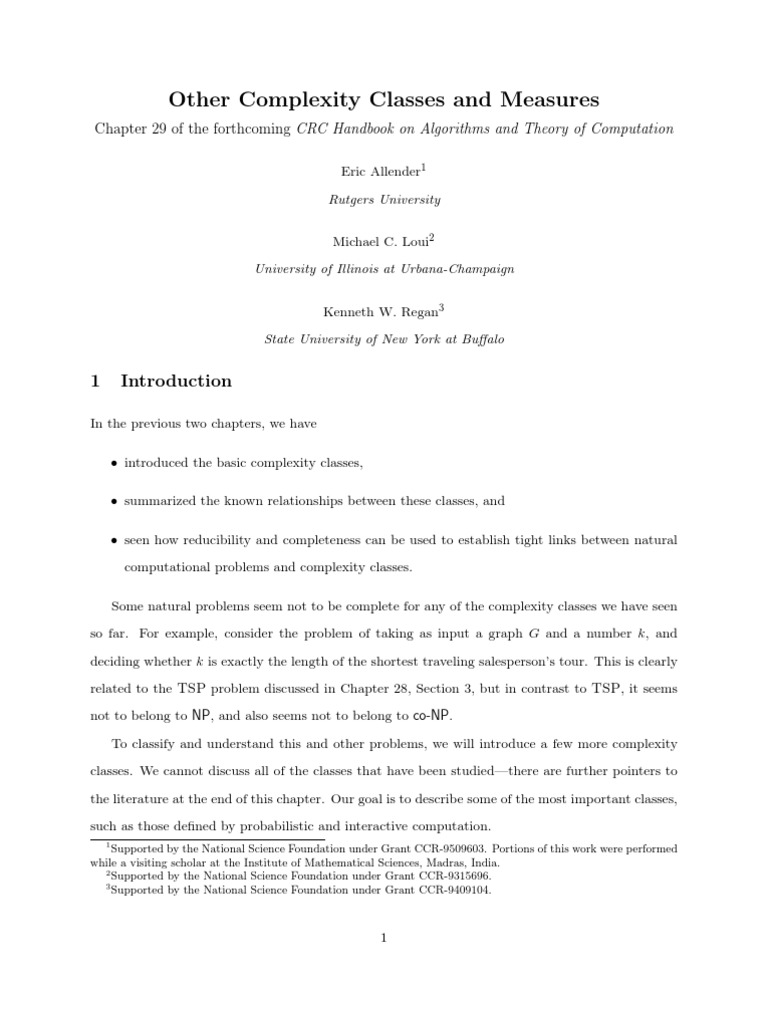 Other Complexity Classes and Measures: Chapter 29 of The Forthcoming CRC Handbook On Algorithms ...