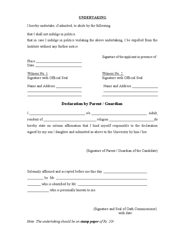 Declaration by Parent / Guardian: Undertaking | PDF
