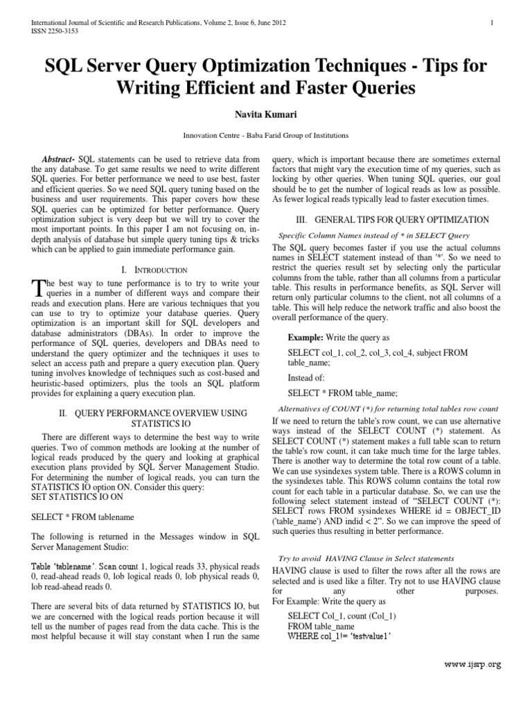 SQL Server Query Optimization Techniques - Tips For Writing Efficient ... SQL Server Query Optimization Techniques - Tips For Writing Efficient ...