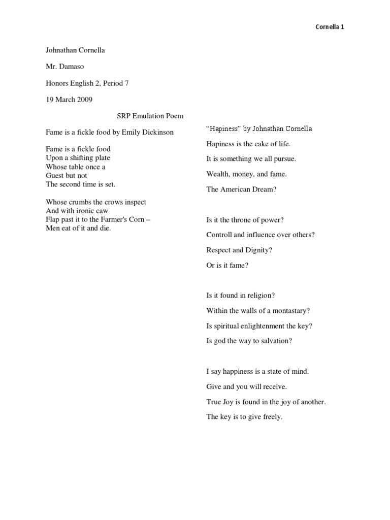 Emulation Poem on Happiness and Fame | PDF