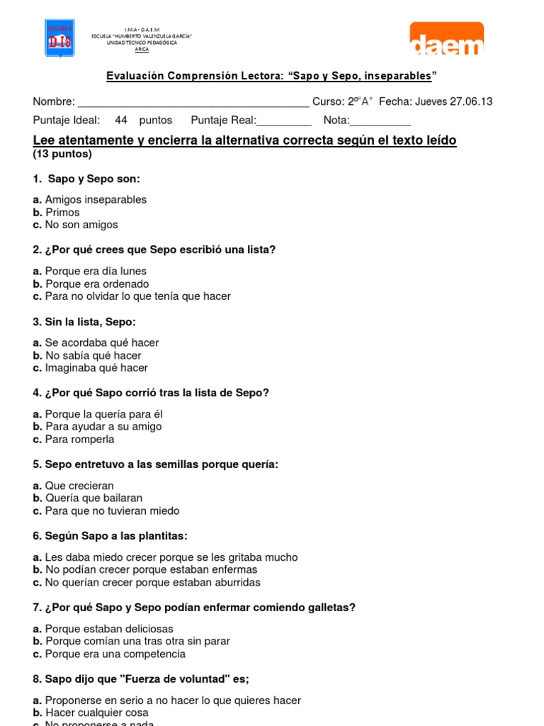 Ev Comp Lectora Sapo y Sepo, Inseparables | PDF