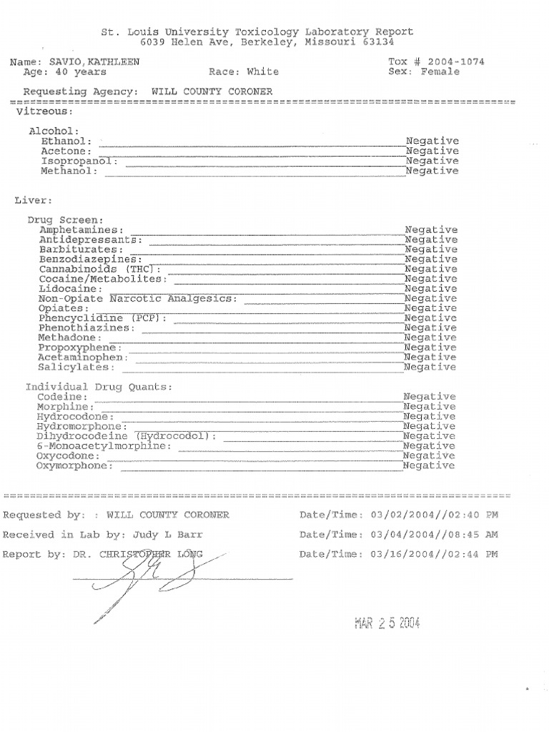 Coroner Report on the death of Kathleen Savio