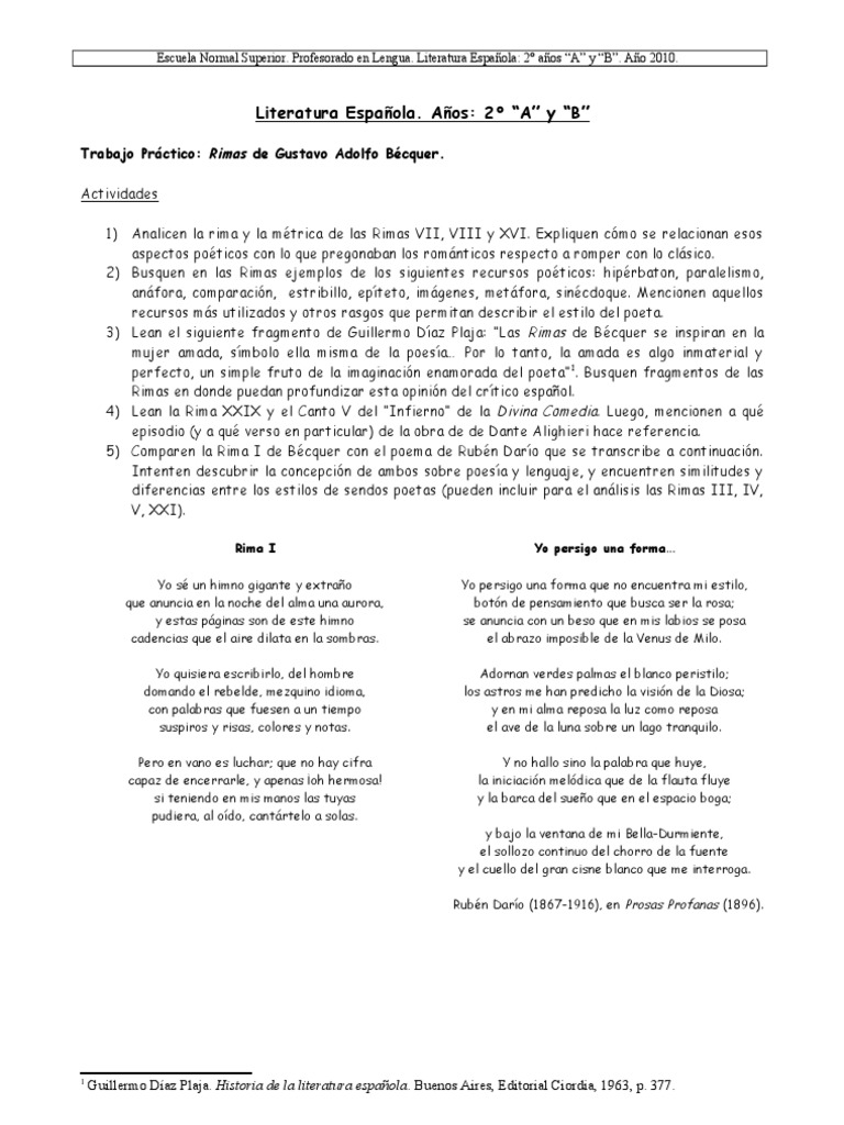 Trabajo Práctico. Rimas de Becquer | Descargar gratis PDF | Rima | Poesía
