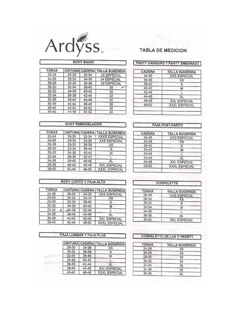 Ardyss Tabla Medidas | PDF