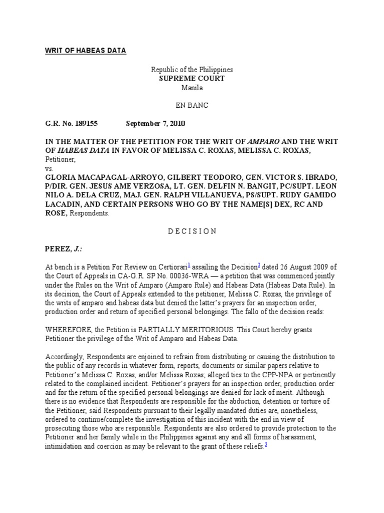 Writ of Habeas Data Case | PDF | Burden Of Proof (Law) | Habeas Corpus