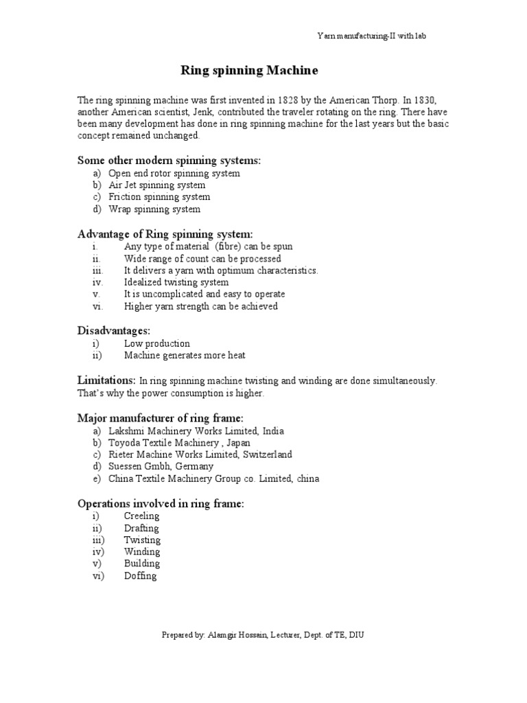 Ring Spinning Machine | PDF | Spinning (Textiles) | Spindle (Textiles)