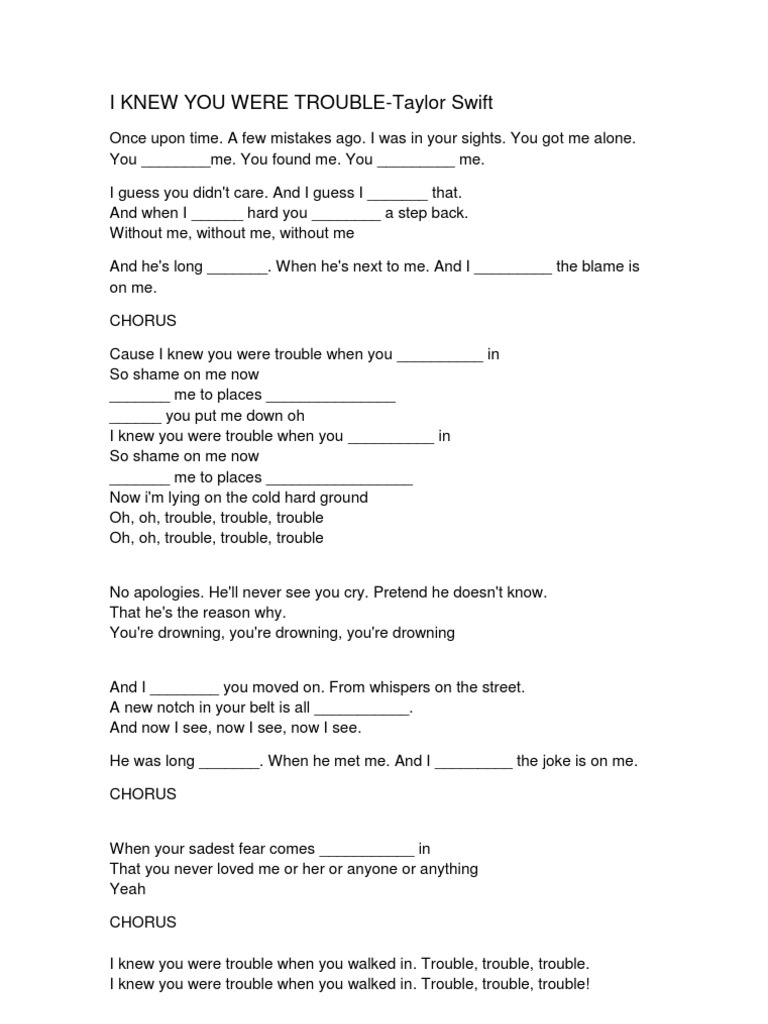 Taylor Swift's "I Knew You Were Trouble" Lyrics | PDF