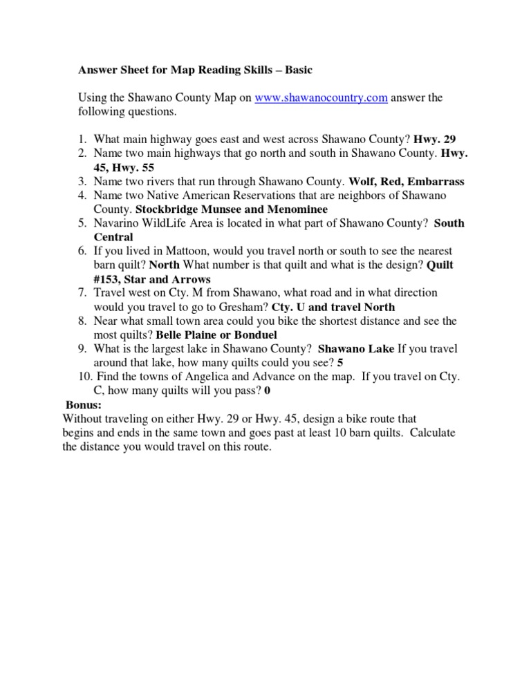 Map Reading Skills Answer Sheet | PDF