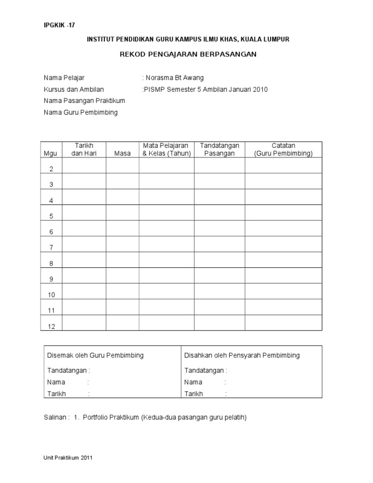 Ipgkik-17 Rekod Pengajaran Berpasangan | PDF | Karier & Perkembangan ...