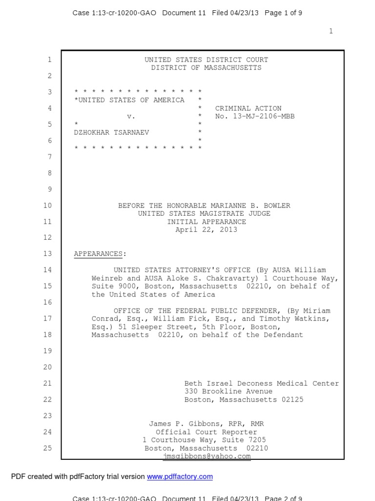 Transcript: Djohar Tsarnaev's Arraignment (In Hospital) | PDF | Judge | Bail