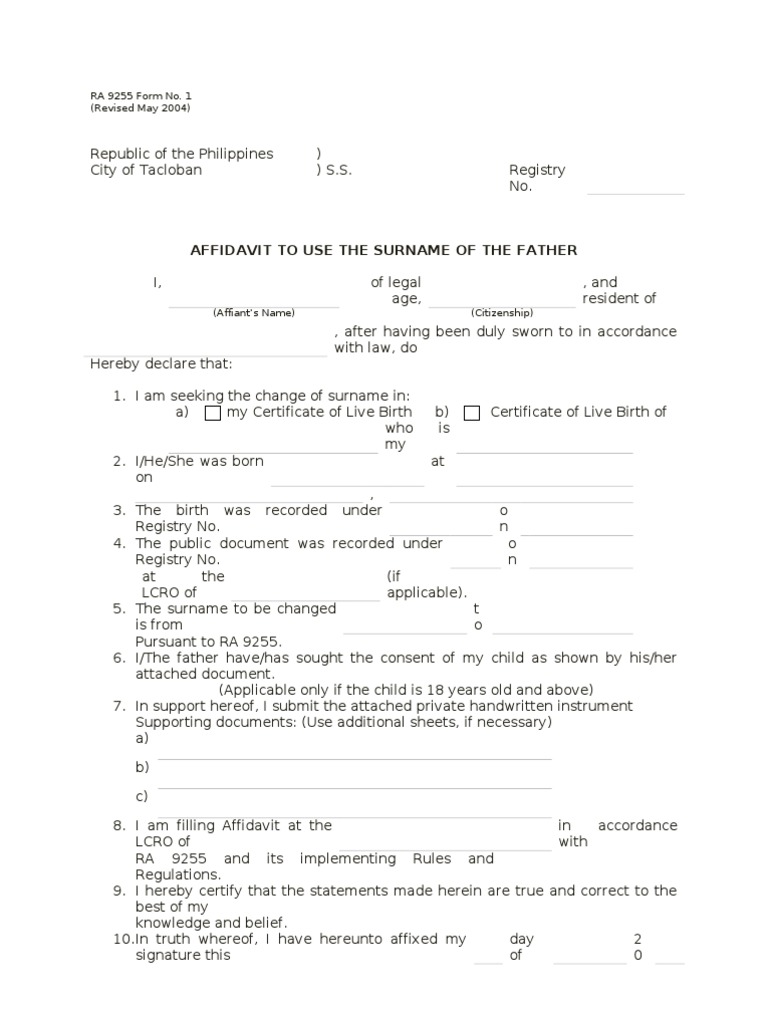 Affidavit to Use Father's Surname | Affidavit | Document