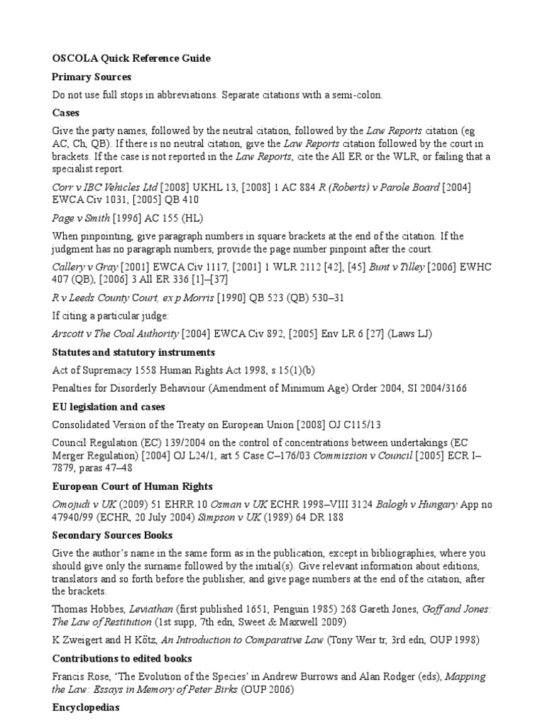 OSCOLA Quick Reference Guide Primary Sources Cases | PDF