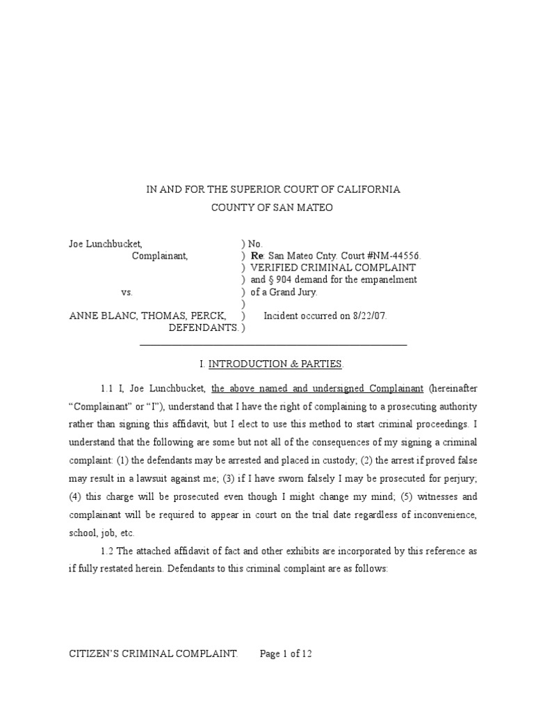 Verified Criminal Complaint by Joe Lunchbucket | PDF | Contempt Of ...