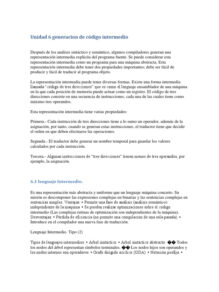 Unidad 6 Generacion de Código Intermedio | PDF | Compilador ...