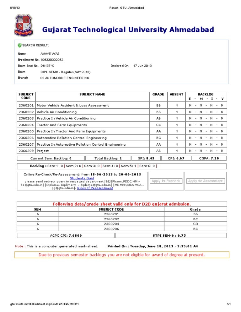 Gujarat Technological University Ahmedabad: Following Data/grade-Sheet Valid Only For D2D ...