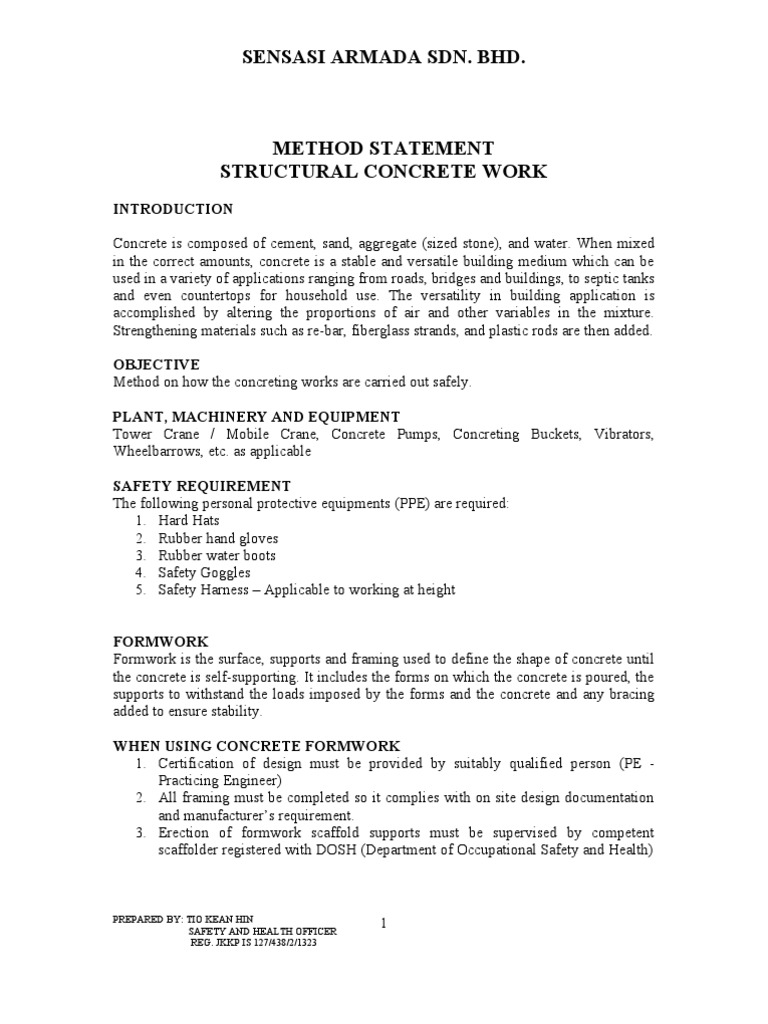 Method Statement - Concreting Work | PDF | Concrete | Personal Protective Equipment