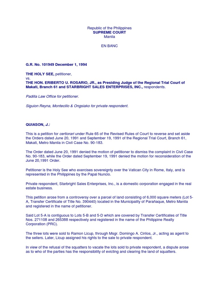 Holy See vs. Starbright Sales Case Summary | PDF | Politics