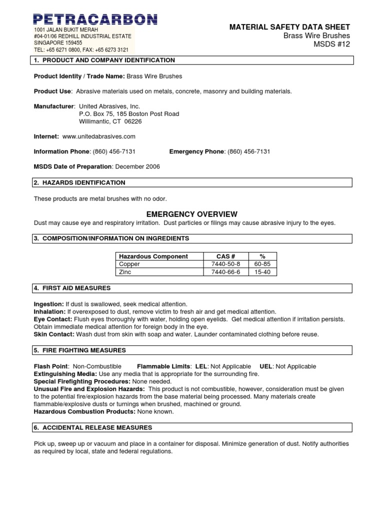 Material Safety Data Sheet: Brass Wire Brushes MSDS #12 | PDF ...