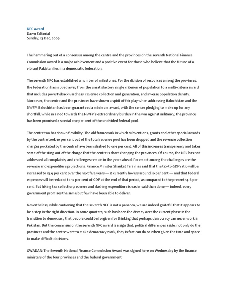 NFC Award Pakistan | PDF | Pakistan | Government Of Pakistan