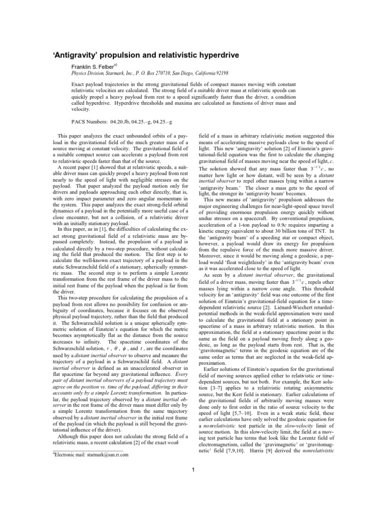 Antigravity' Propulsion and Relativistic Hyperdrive | PDF