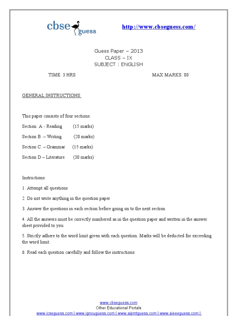English - Guess Paper 2 | PDF | Reading (Process) | Educational Assessment