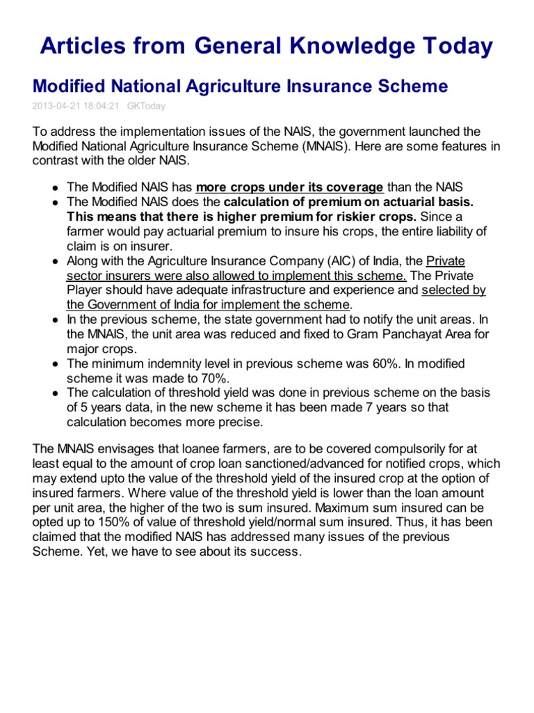 Overview of Modified National Agriculture Insurance Scheme | PDF