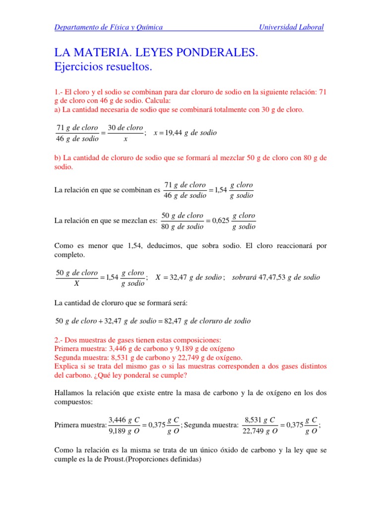 Ejerc Resuelto de Materia Leyes Ponderales | PDF | Mole (Unidad) | Hidrógeno