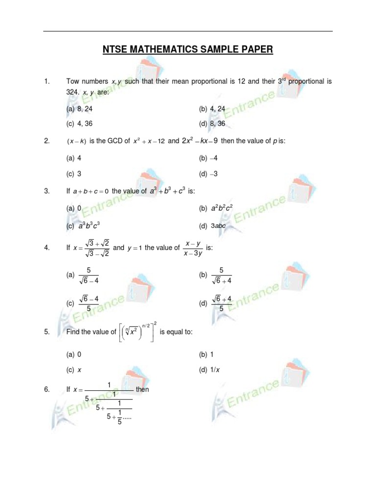 NTSE Sample Paper Maths | Download Free PDF | Angle | Odds