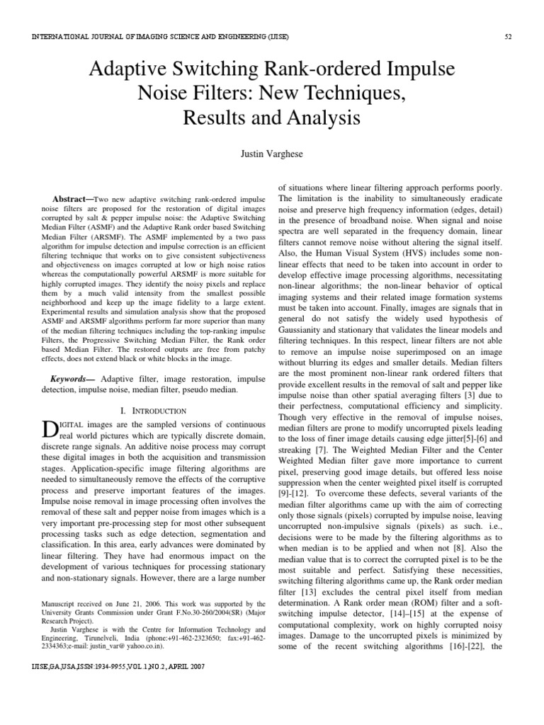 Adaptive Switching Rank-Ordered Impulse Noise Filters New Techniques, Results and Analysis 2007 ...
