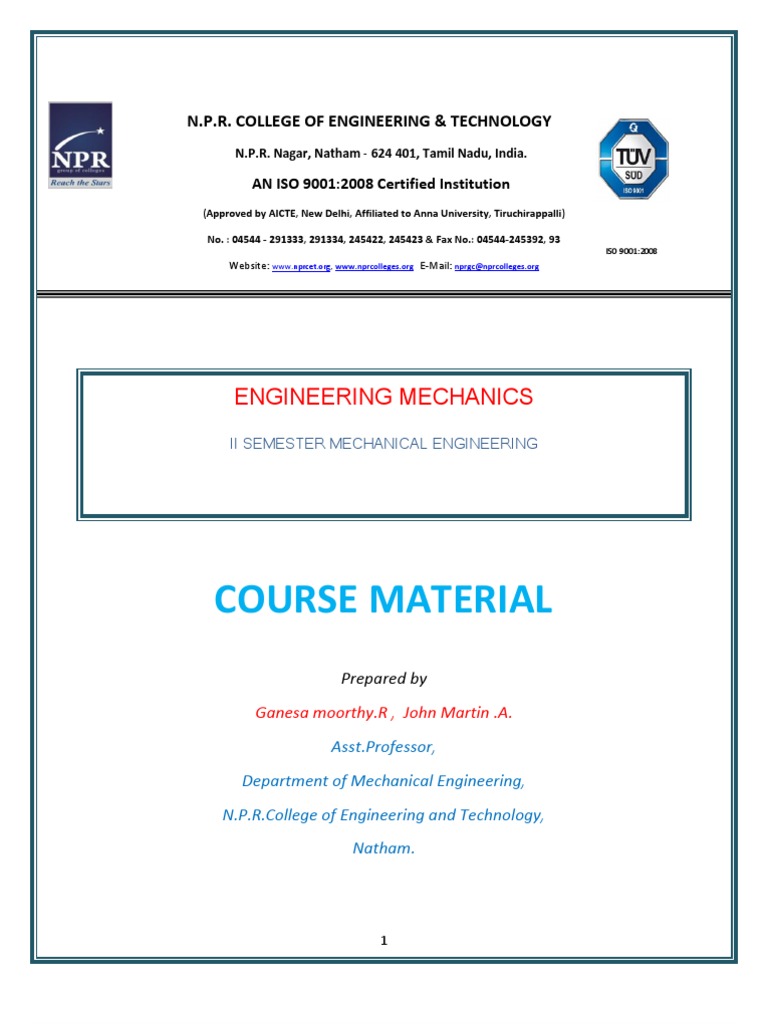 Course Material: Engineering Mechanics | PDF | Euclidean Vector | Force