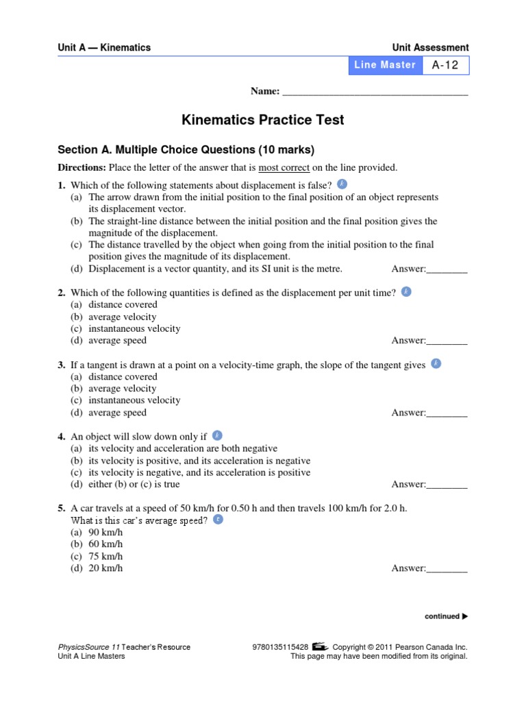 Kinematics Practice Test: Section A. Multiple Choice Questions (10 ...
