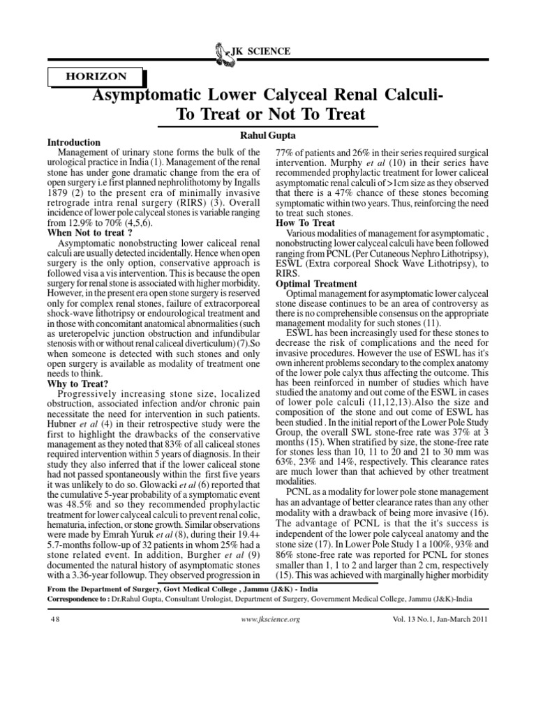 Asymptomatic Lower Calyceal Renal Calculi - To Treat or Not To Treat ...