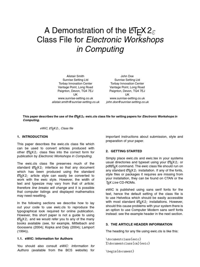 A Demonstration of The L Tex 2 Class File For Electronic Workshops ...