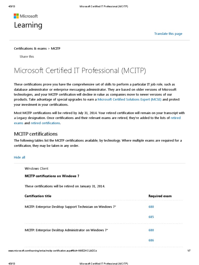 Microsoft Certified IT Professional (MCITP) | PDF | Professional ...