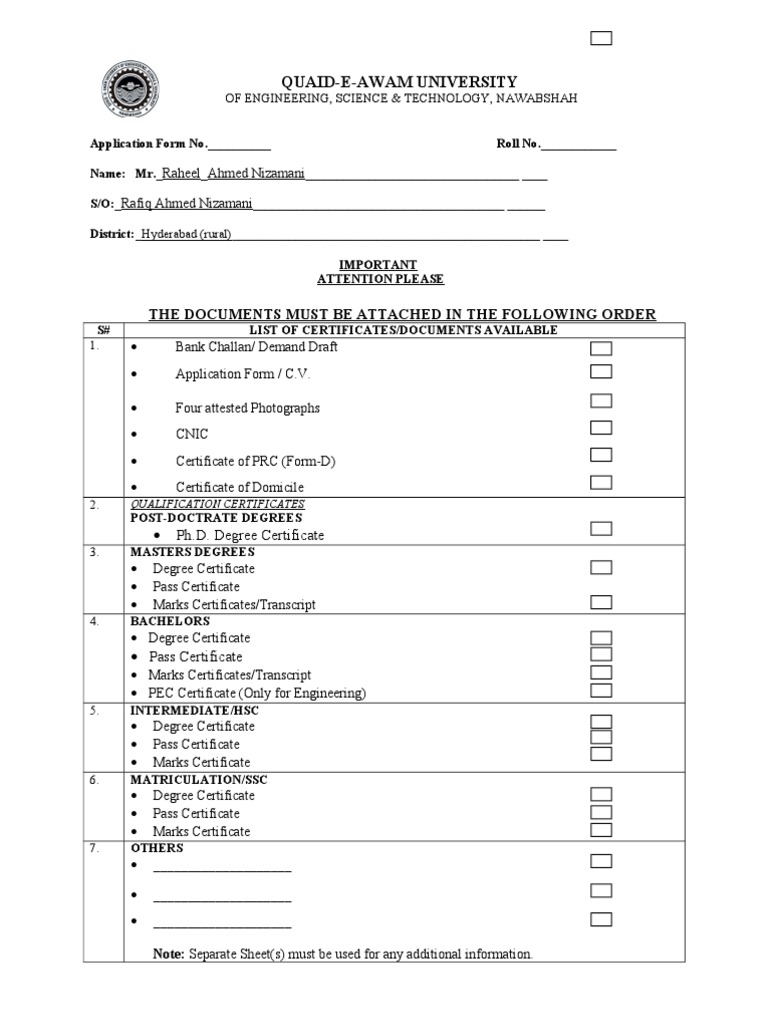 Application for the Post of Lab Engineer at Quaid-e-Awam University of ...