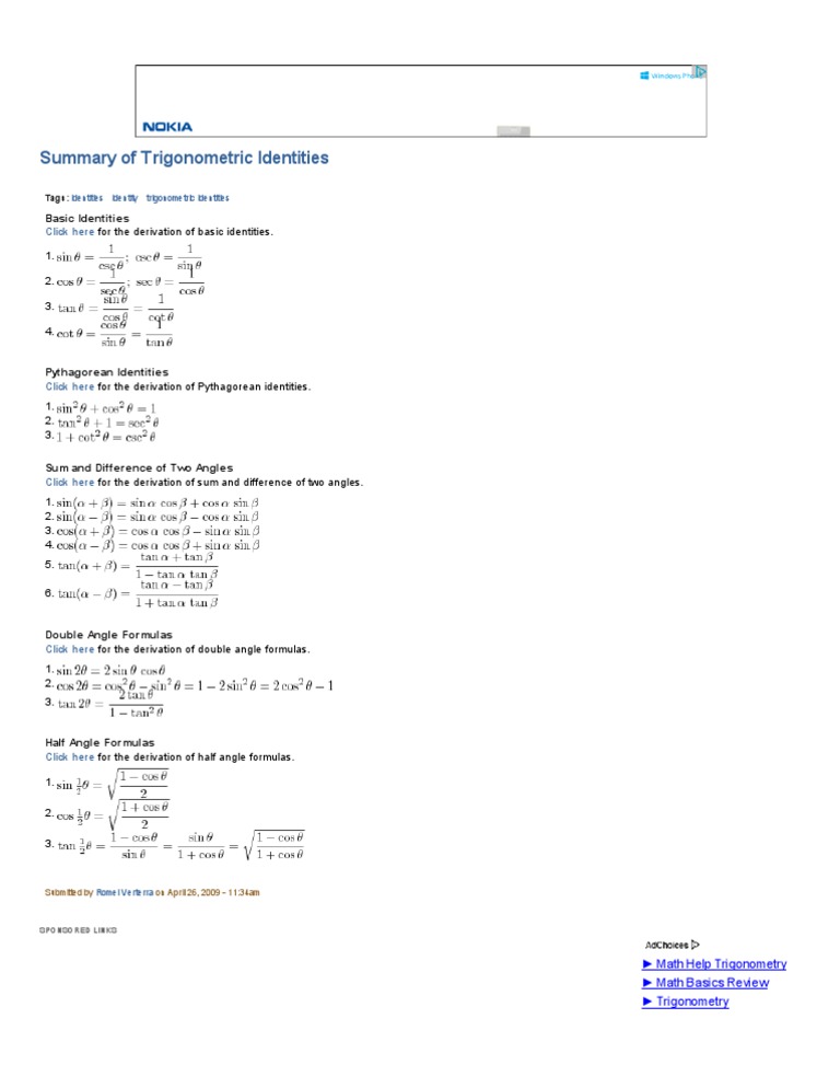 Summary of Trigonometric Identities - Plane Trigonometry Review | PDF