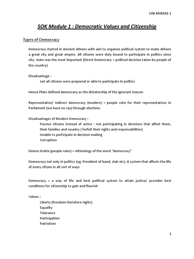 SOK Module 1: Democratic Values and Citizenship: Types of Democracy ...