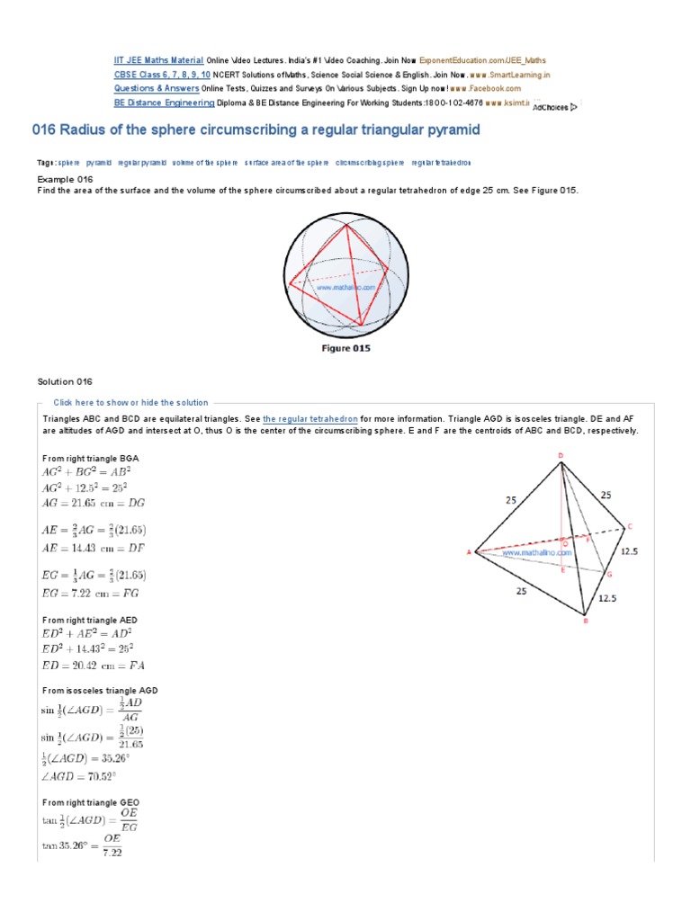 016 Radius of the Sphere Circumscribing a Regular Triangular Pyramid ...
