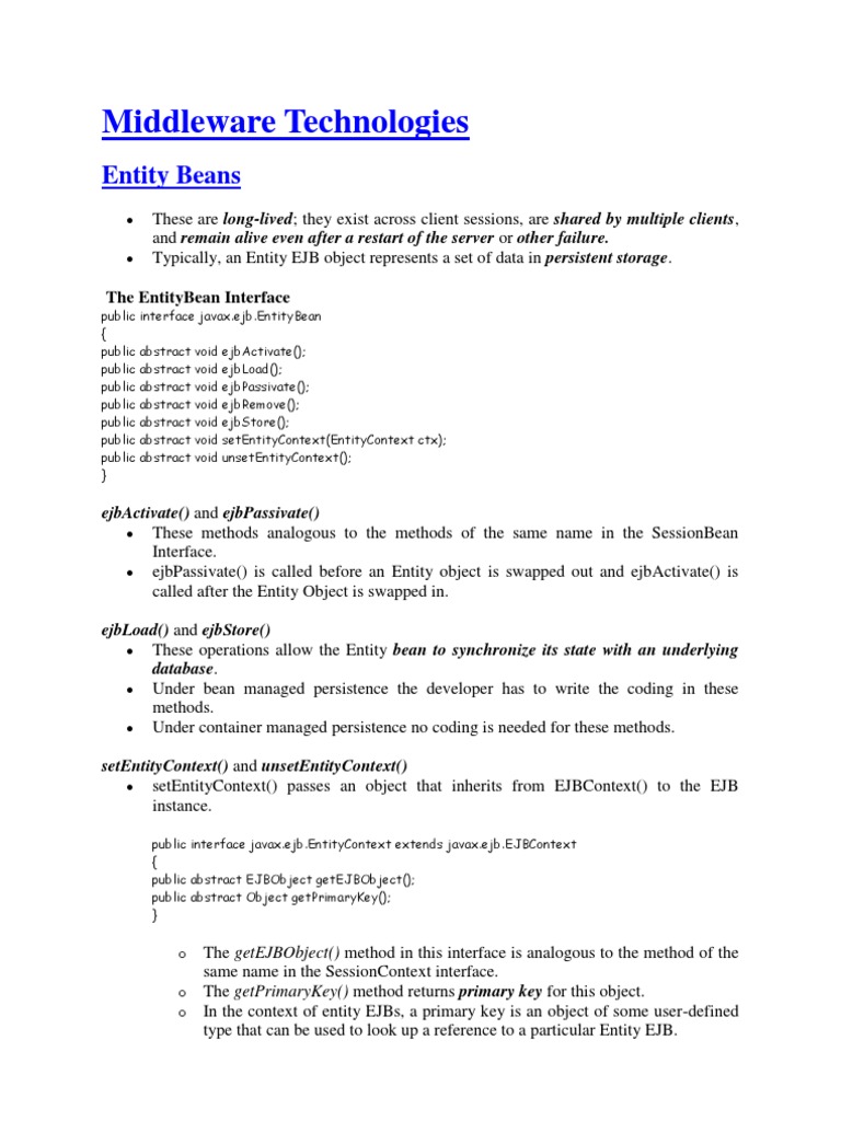 Middleware Technologies: Entity Beans | PDF | Enterprise Java Beans | Method (Computer Programming)
