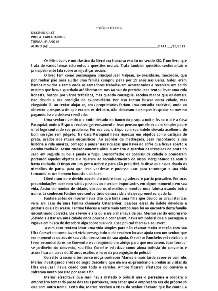 Atividade Os Miseráveis | PDF | Cosette | Personalidades