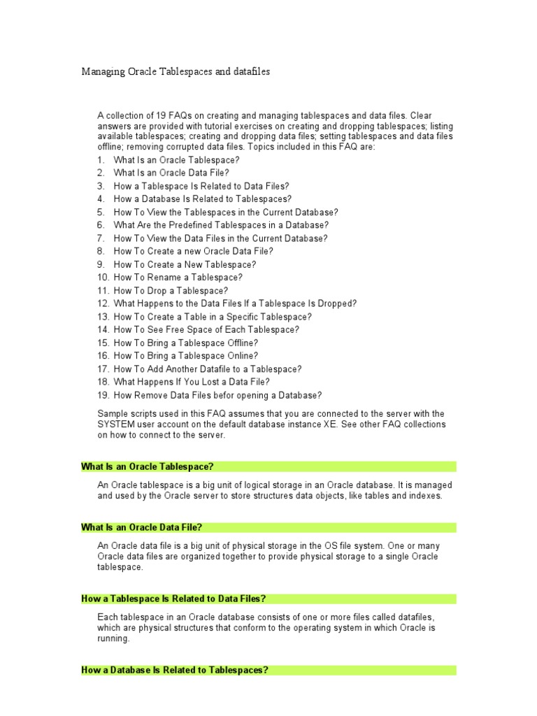 Managing Oracle Tablespaces and Datafiles | PDF