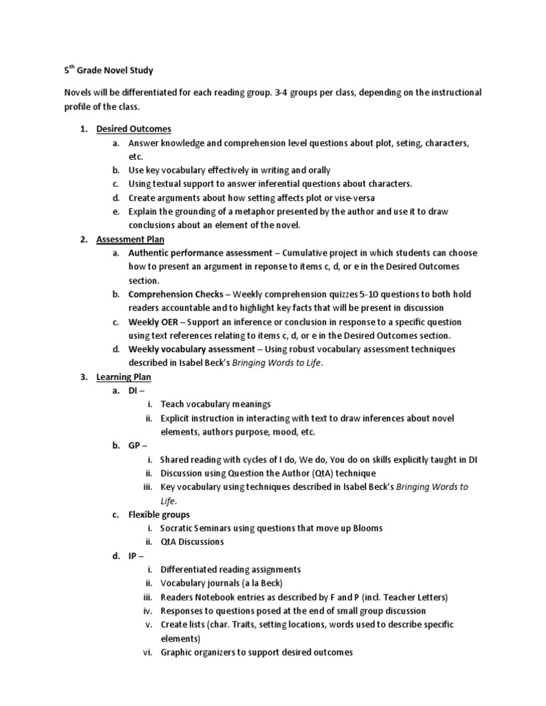 5th Grade Novel Study Framework | PDF
