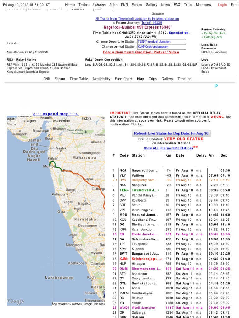 Nagercoil-Mumbai CST Express_16340 Mail_Express Route Map Tirunelveli ...