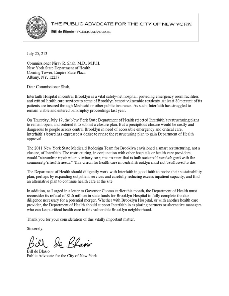 Letter To Department of Health Regarding Interfaith Medical Center ...