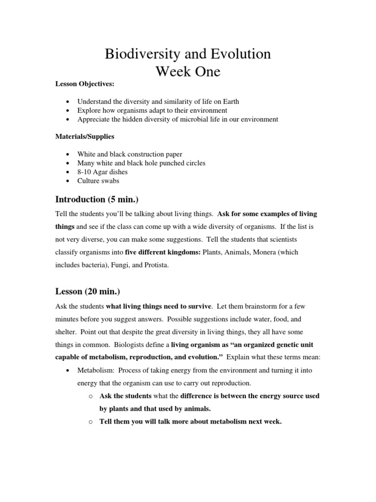 Evolution and Biodiversity Lesson (Day One) | PDF | Evolution | Life