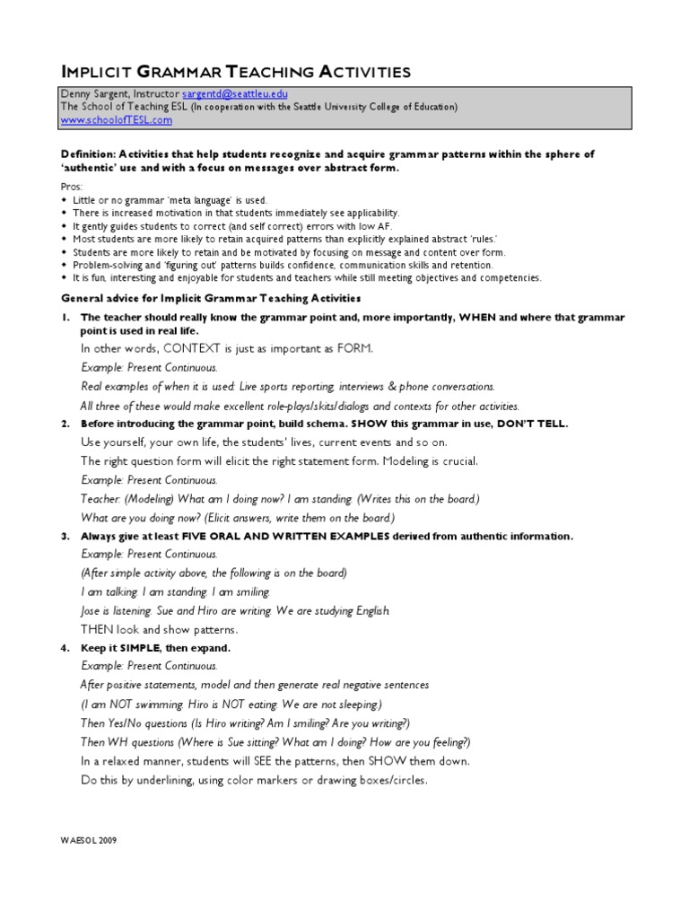 Implicit Grammar Teaching Activities | PDF | Question | English As A ...