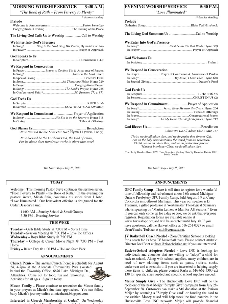 Morning Worship Service 9:30 A.M. Evening Worship Service 5:30 P.M ...