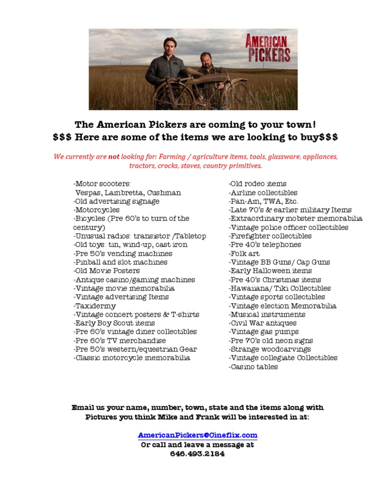 American Pickers Wanted Items List | PDF | Leisure